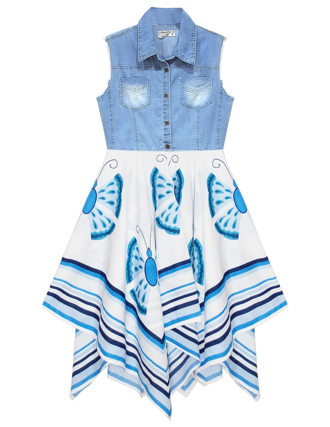 Denim Top Butterfly Print Girls Hanky Dress